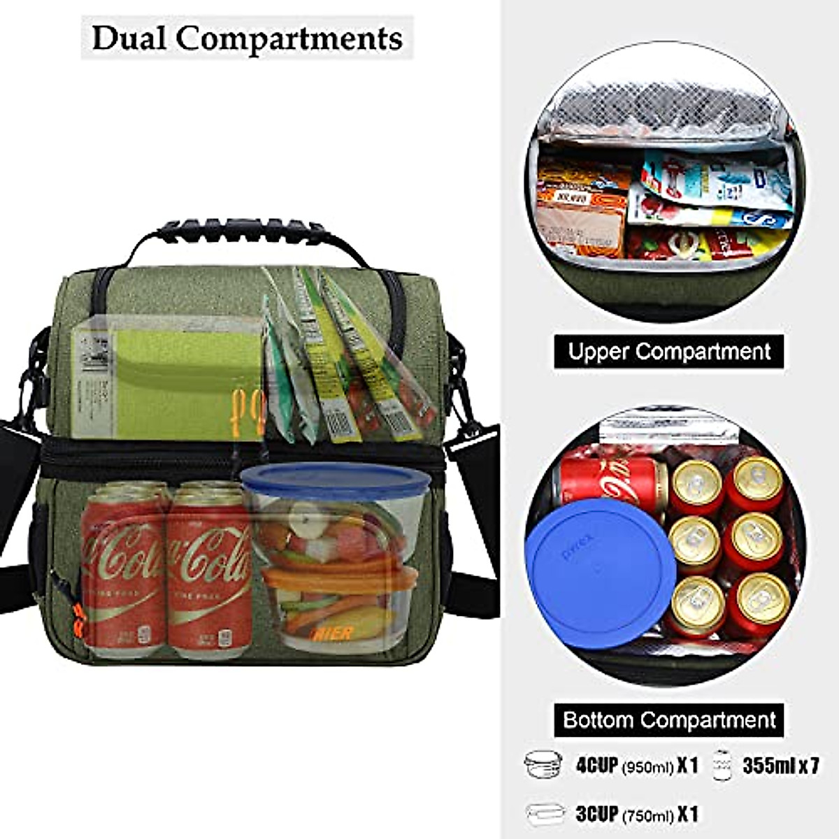 MIER Dual Compartment Lunch Bag Tote with Shoulder Strap for Men and Women Insulated Leakproof Cooler Bag, Army Green