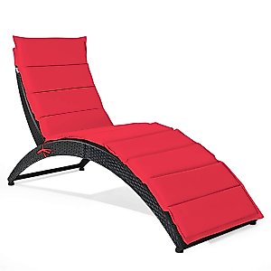 Tangkula Foldable Patio Lounge Chair, Outdoor Rattan Lounger Chaise, Portable Patio Chaise with Cushion, All-Weather Wicker Furniture for Garden Lawn Balcony Backyard Poolside (1, Red)