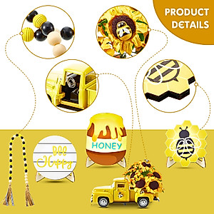 Zhanmai 35 Pieces Bee Tiered Tray Decor, Spring Summer Farmhouse Tiered Tray Decorations Sunflower Honey Bee Tier Tray Farmhouse Mini Wood Decor Bee Sign Decor for House Table Decor Birthday Party