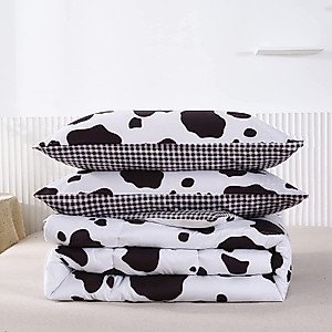 Mengersi Cow Print Bedding Comforter Set King Bed,Black and White Reversible Milk Geometric Checkered Bedding Sets for Kids Boys Aduls Toddler