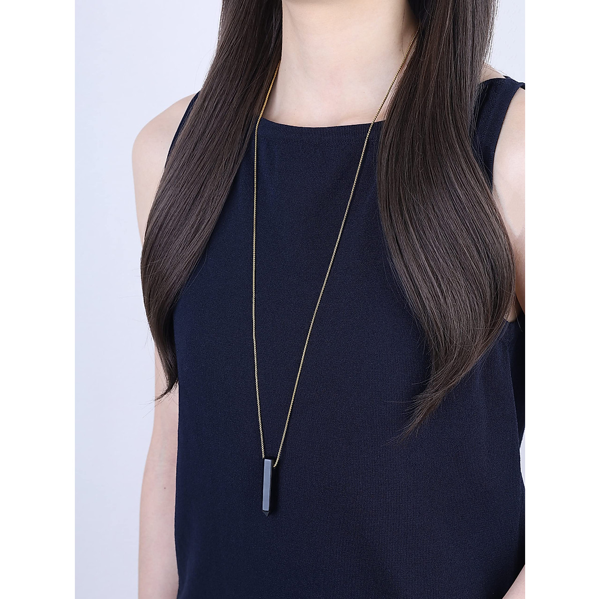 COAI Gemstone Black Obsidian Genuine Stone Hexagonal Pointed Pendant Necklace