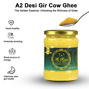 The Roast® A2 Cow Ghee Clarified Butter From Organic Pasture Raised | A2 Ghee - Gir Cow Desi Ghee | Bilona Ghee A2 Organic Grass Fed Butter | 500 ML Glass Jar
