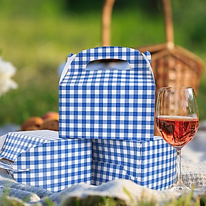 Blue and White Gingham Treat Boxes 24 Pieces Candy Gable Boxes Goodies Boxes Cardboard Present Boxes with Handles for Birthday Party Family Dinner Picnic Barbecue Father's Day Party