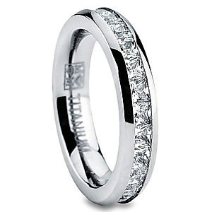 Metal Masters 3MM High Polish Princess Cut Ladies Eternity Titanium Ring Wedding Band with Cubic Zirconia CZ Size 10