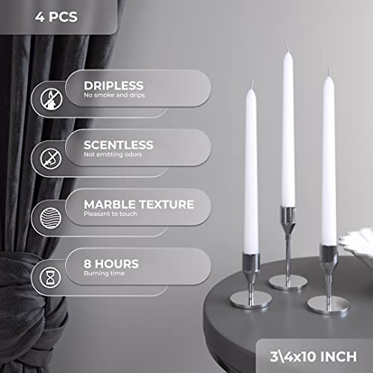 CANDWAX White Taper Candles 10 inch Dripless - Set of 4 Tapered Candles Ideal as Dinner Candles - Smokeless and Unscented Taper Candles Long Burning - Hand Poured Tall Candlesticks
