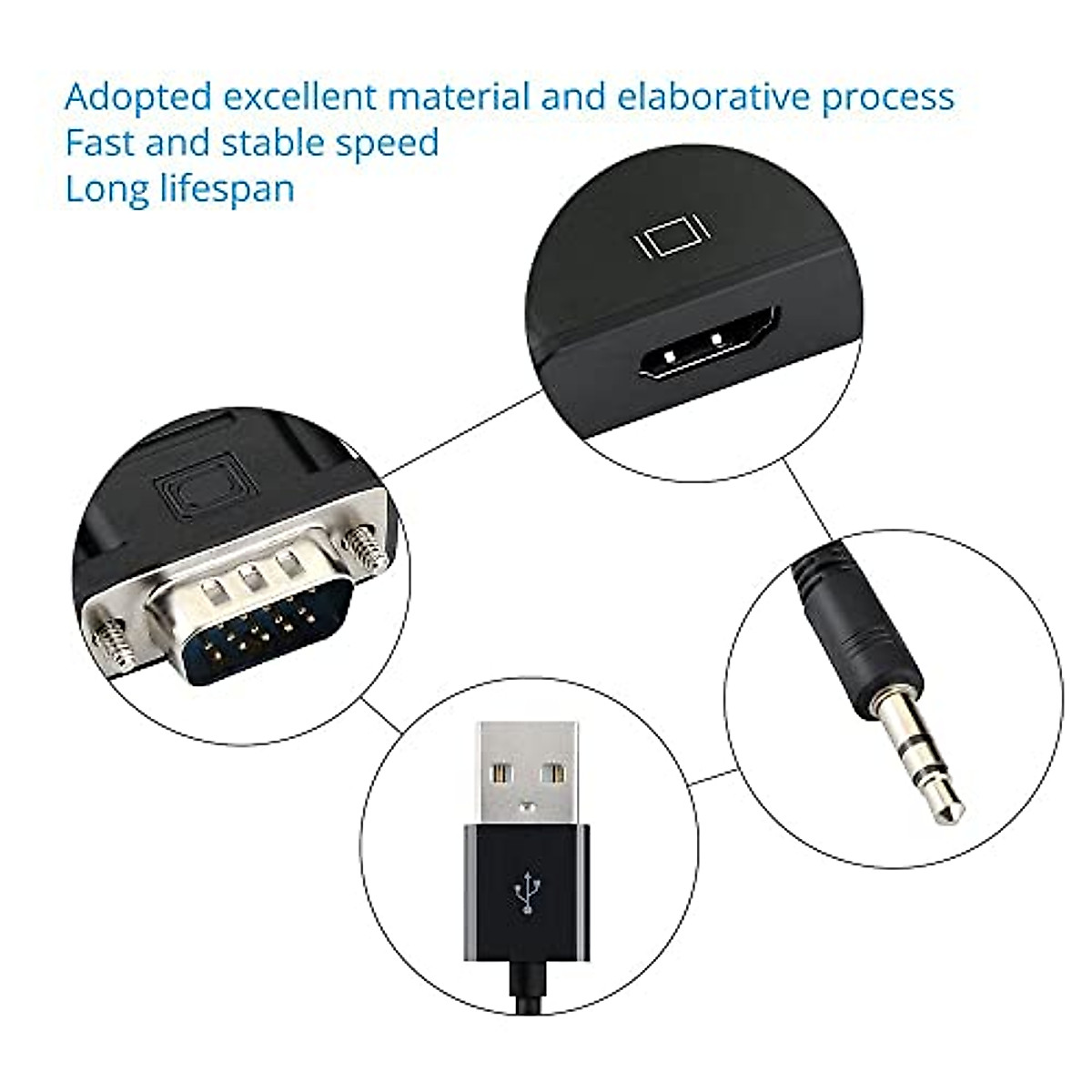 KUNSON VGA to HDMI Audio USB Conversion Cable, Slim Design, No Power Adapter Required, Supports Plug and Play, Suitable for Most Electronic Devices