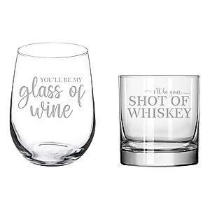 MIP Set of 2 Glasses Stemless WINE & ROCKS Whiskey Gift I'll Be Your Shot Of Whiskey You'll Be My Glass Of Wine Wedding Anniversary Engagement