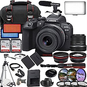 Canon EOS R10 Mirrorless Camera w/RF-S 18-45mm f/4.5-6.3 is STM + 2X 64GB Memory + Case + Microphone + LED Video Light + More (35pc Bundle)