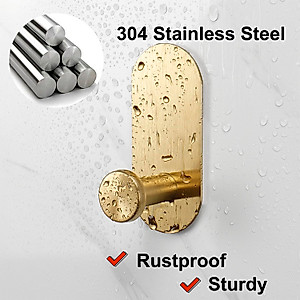 TocTen Adhesive Hook - Heavy Duty Sticky Towel/Robe Hooks, Waterproof Stainless Steel Shower Hook, No Drill Stick on Wall Coat/Clothes Hooks for Bathroom, Kitchen, and Offices (Brushed Gold, 3 Pack)