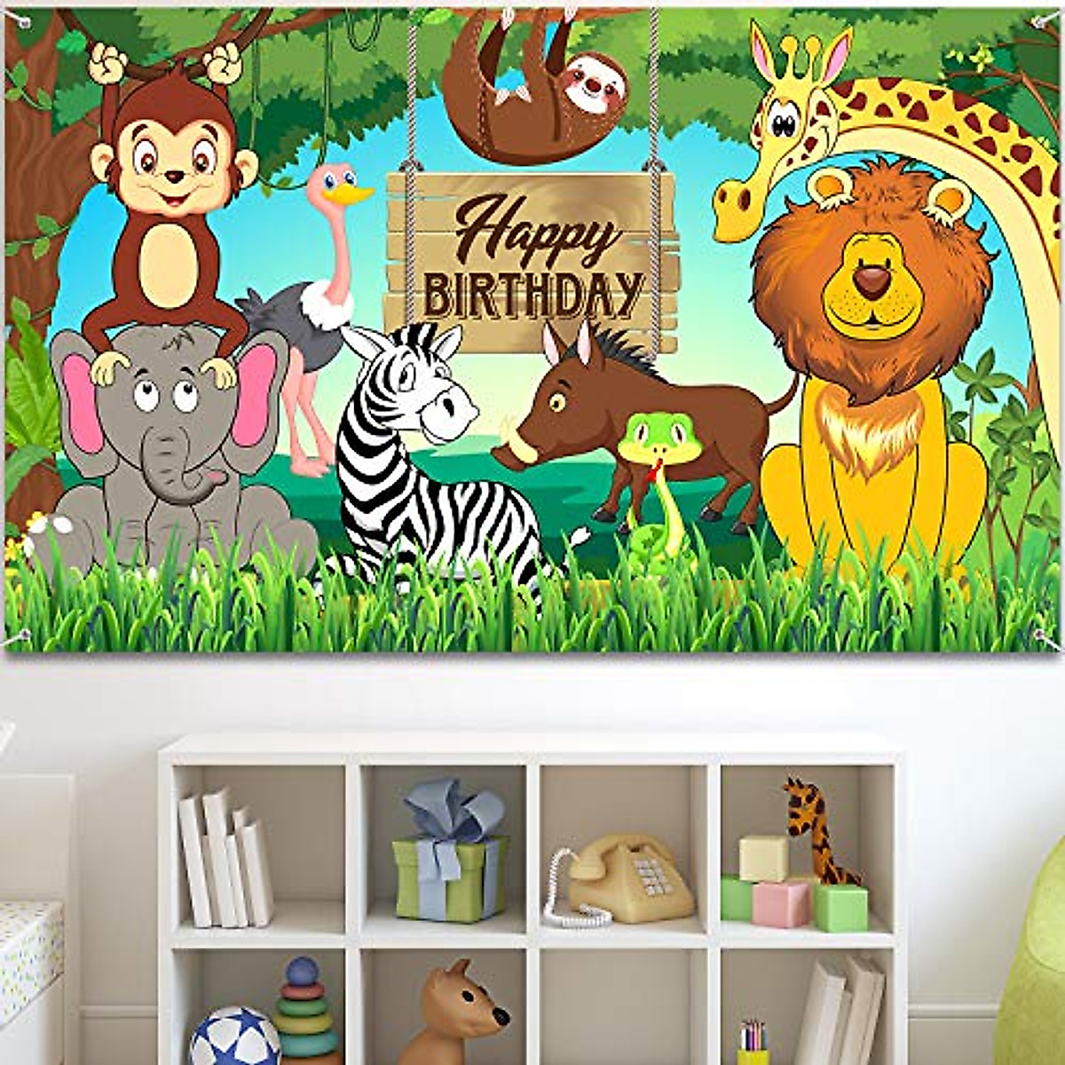 Jungle Animal Theme Backdrop for Birthday Party, Large Fabric Safari Animal Elements Printed Happy Birthday Backdrop Funny Cartoon Forest Background for Birthday Party Decorations, 6 x 3.6 ft