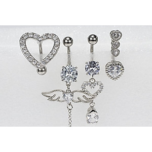 14G Surgical Steel Belly Button Rings Round/Love Heart Clear CZ Navel Curved Barbell Studs Sexy Body Piercing (4PCS - Steel - Style A)