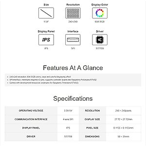 waveshare 1.54inch LCD Display Module IPS Screen 65K RGB Colors 240×240 Resolution SPI Interface