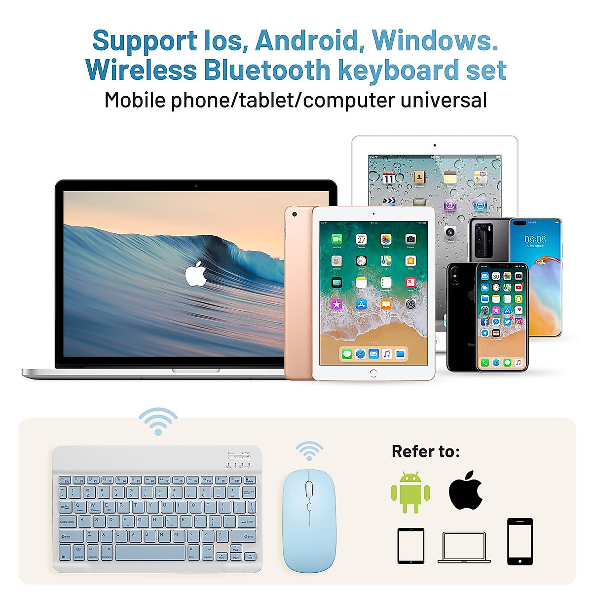 Bluetooth Keyboard and Mouse Combo Rechargeable Portable Wireless Keyboard Mouse Set for Apple iPad iPhone iOS 13 and Above Samsung Tablet Phone Smartphone Android Windows (10 inch Blue)