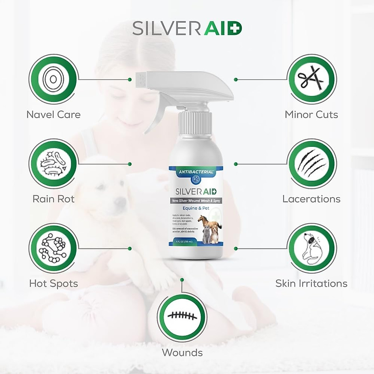 SilverAid Wound & Skin Spray, Patented Colloidal Silver Spray, Hot Spot Treatment for Dogs, Cats, Horses, Relief of Itching, Irritations, Burns, Minor Cuts, Coat Care, Vet Recommended, Made in USA