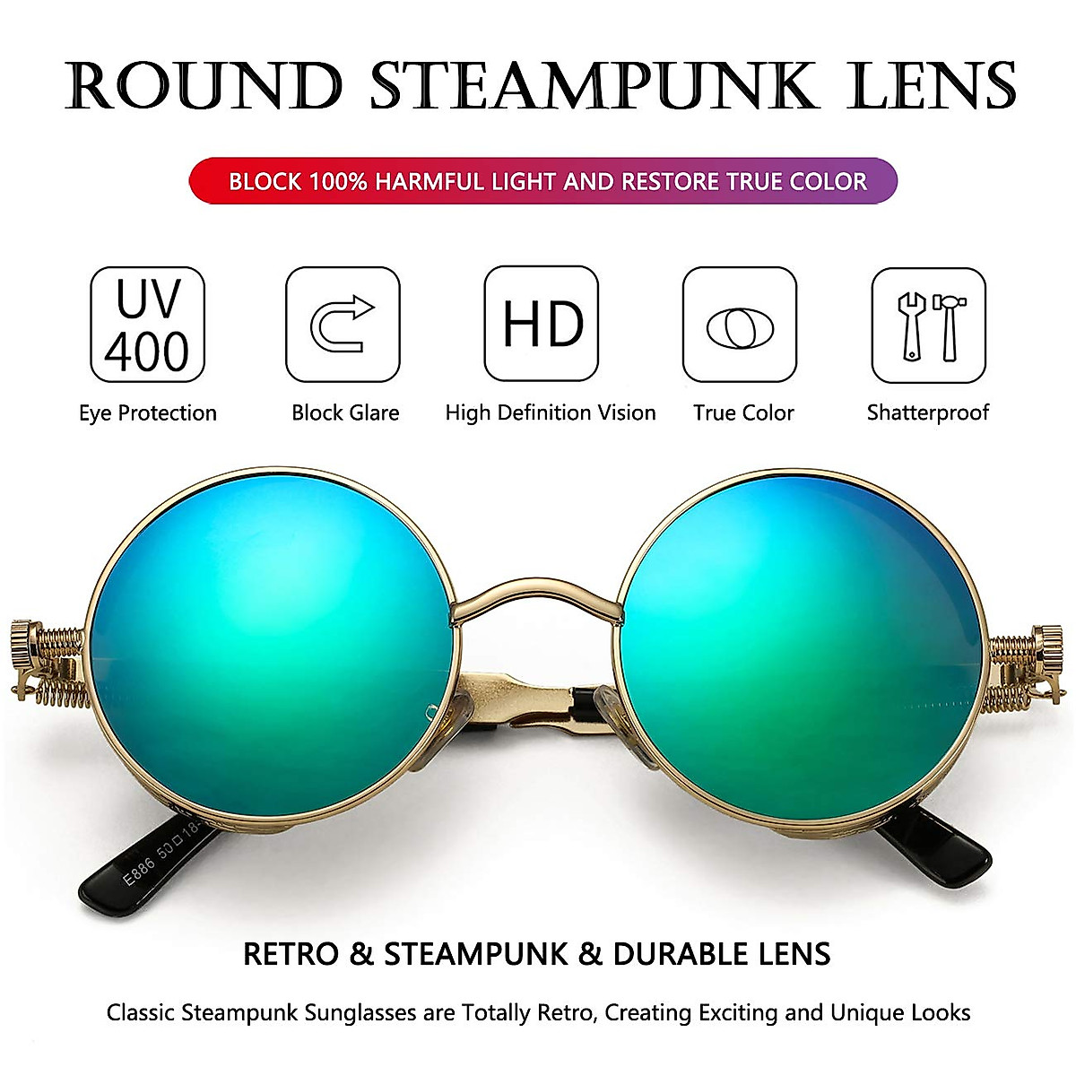 AIEYEZO Round Steampunk Sunglasses for Men Women Gothic Glasses Vintage Circle Metal Frame 100% UV Blocking Lens (Gold/Green Mirrored)