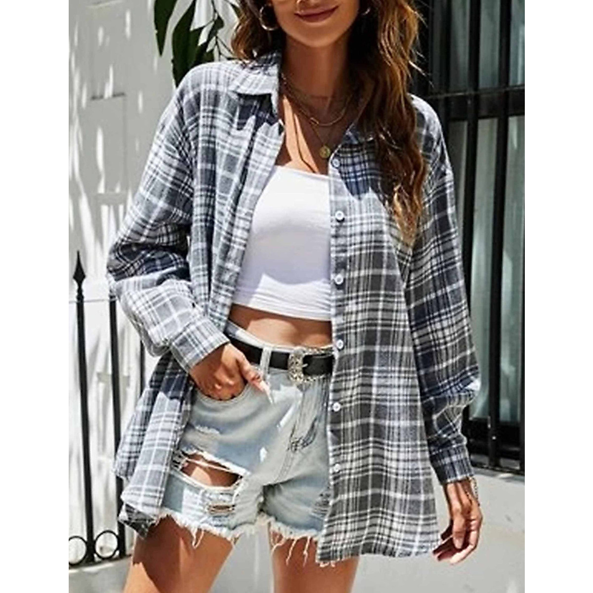 HangNiFang Flannel Plaid Shirts for Women Oversized Button Down Shirts Blouse(0768-Grey-XL)