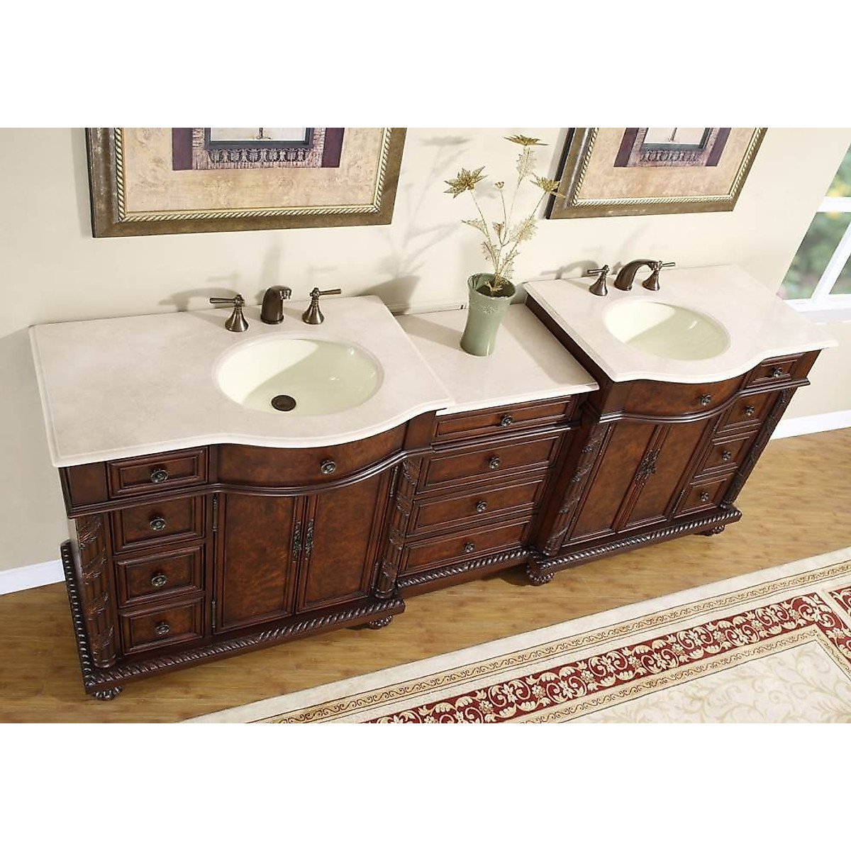 Silkroad Exclusive HYP-0213-CM-UIC-90 Double Sink Bathroom Vanity with English Chestnut Finish Bath Cabinet, 90.25", Medium Wood