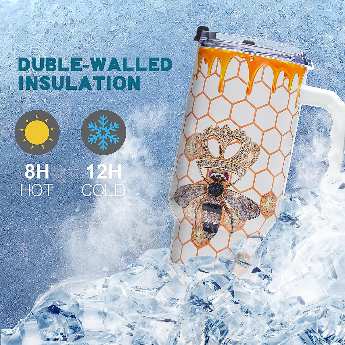 Gome Queen Bee 40 oz Tumbler with Handle - Stainless Steel Cup with Straw - Insulated Coffee Mug with Lid - Queen Bee Birthday Gifts for Women - Hand Wash Only