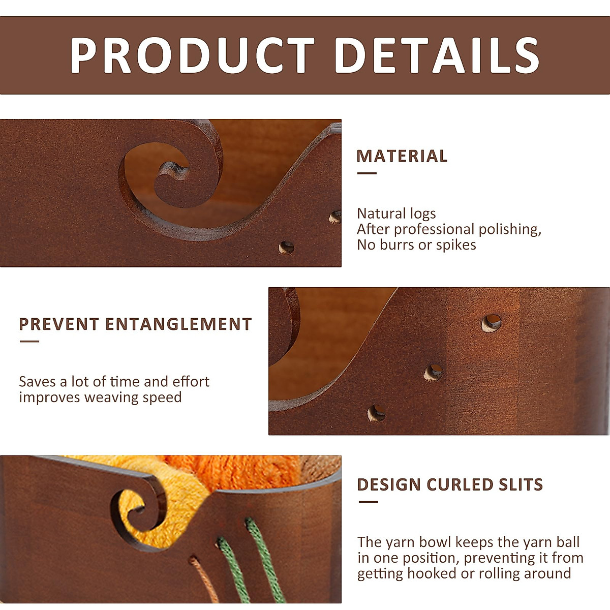 UKQRRTC Wood Knitting Yarn Bowl Smooth Crochet Bowl with Swirl Design Oval Knitting Bowl with Holes Portable Yarn Holder Bowl Crochet Yarn Bowl for DIY Knitting Crocheting