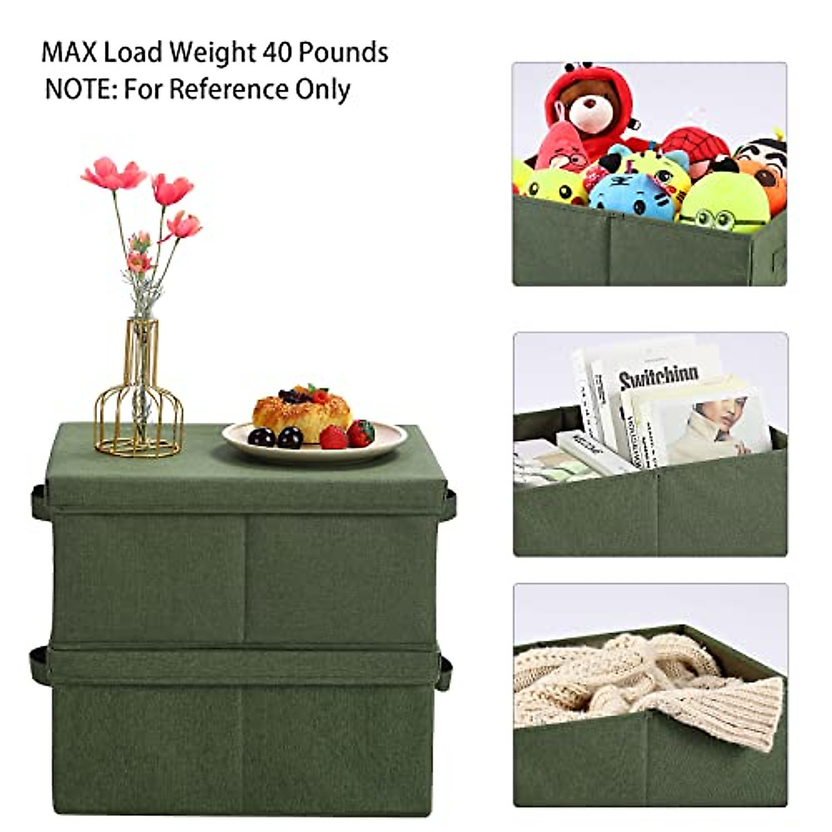 HOONEX Storage Bins with Lids for Organizing, Pack of 2, Storage Boxes with 2 Carrying Handles and Study Heavy Cardboard, 16.5" L x 11.8" W x 7.5" H for Toy, Shoes, Books, Clothes, Nursery, Olive