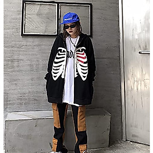 Women Zip Up Hoodies Goth Skeleton Rib Cage Graphics Y2K Harajuku Novelty Sweatshirt Black