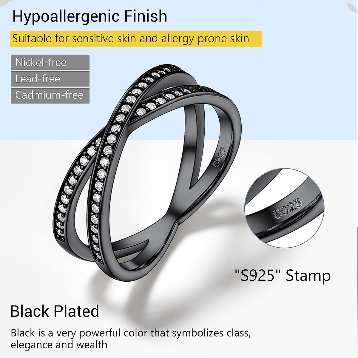 PROSILVER Cubic Zirconia Ring For Women X Cross Sterling Silver Black Engagement Rings Size 8