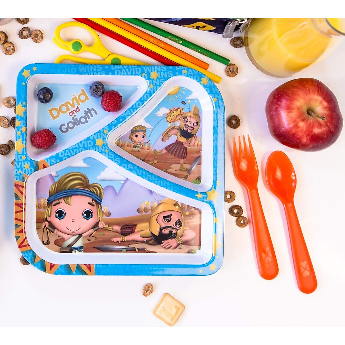 He Loves Me Kids Feeding David and Goliath 3 Piece Sets Toddler Dishes Multicolor, BPA Free, Kids Dinnerware Includes Round Bowl, Divided Plate and Children’s Cup Gift for Birthdays & Graduations