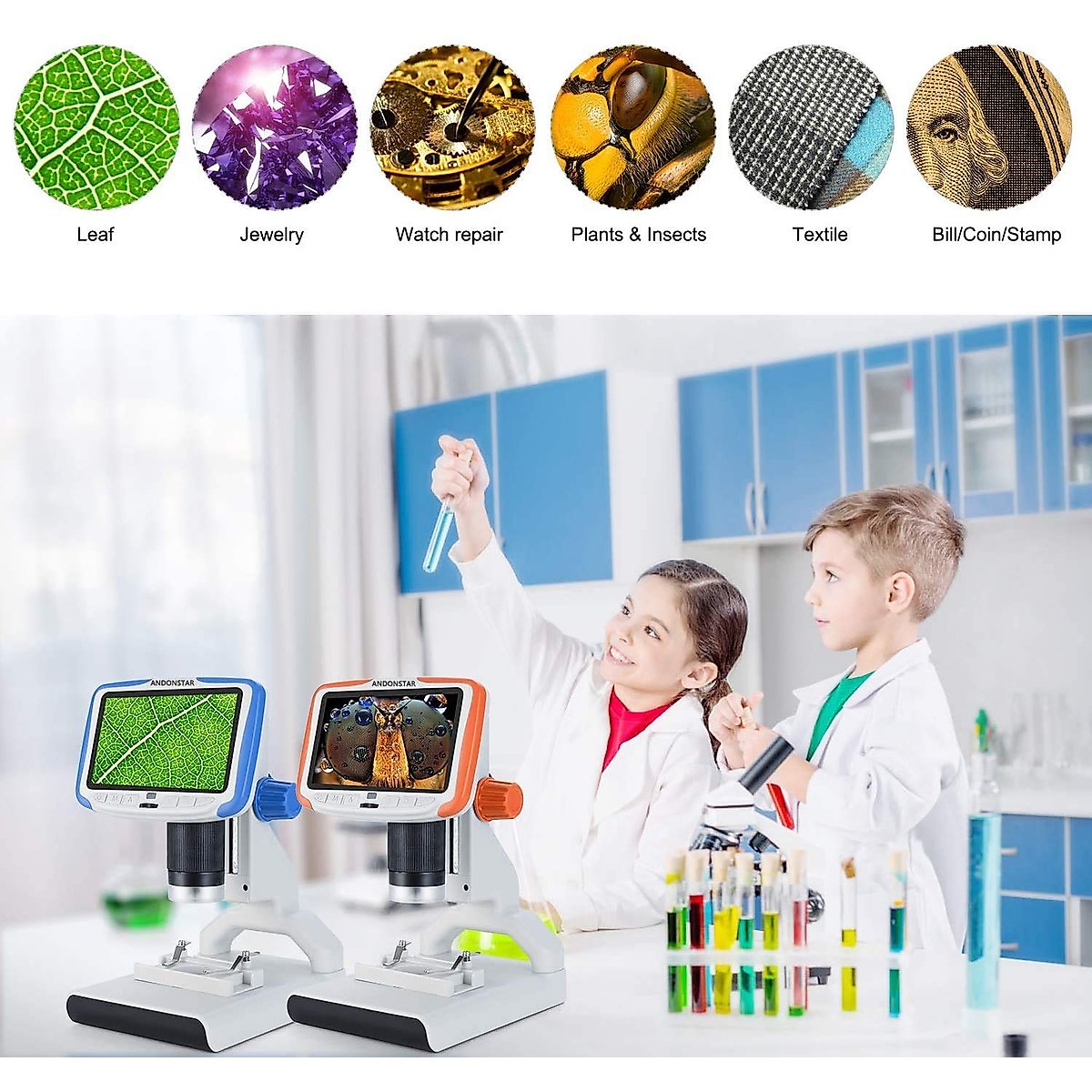 Andonstar AD205 Digital Microscope 200X Magnification USB LCD Microscope for Children, Student, Hobbyist DIY, with Slides Kit School Lab Fun&Educational Plant Insect Specimen Slides Observation