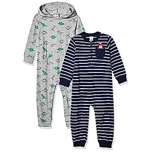 Carter's Baby Boys' 2-Pack One-Piece Romper, Grey Dino/Navy Stripe, 18 Months