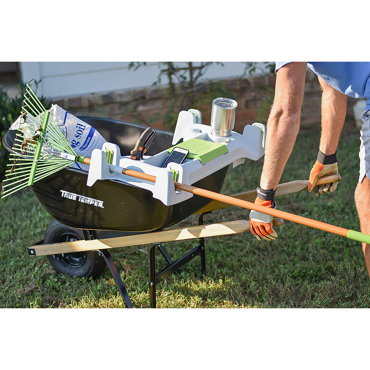 The Burro Buddy, USA Made Lawn/Garden Tray for All 4-6 cu. ft. wheelbarrows. Holds rake, Shovel, Short Handle Tools, Drinks & Water Tight Storage for Phone. Wheelbarrow not Included. Great Gift!