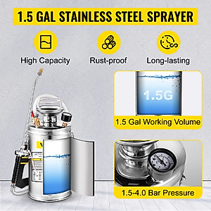 Happybuy 1.5 Gallon Stainless Steel Sprayer, 16" Wand&3.3FT Reinforced Hose, Hand Pump Sprayer with Pressure Gauge, Safety Valve&Adjustable Nozzle, Garden Weed Sprayer for Lawn, Gardening & Sanitizing