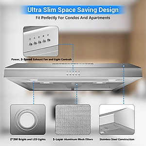 TAZPI 400 CFM Under Cabinet Range Hood 30 Inch, Stainless Steel Stove Vent Hood with 3 Speed Kitchen Exhaust Fan and Two Bright LED Light, Kitchen Hood 30 Inch for Duct/Ductless Convertible