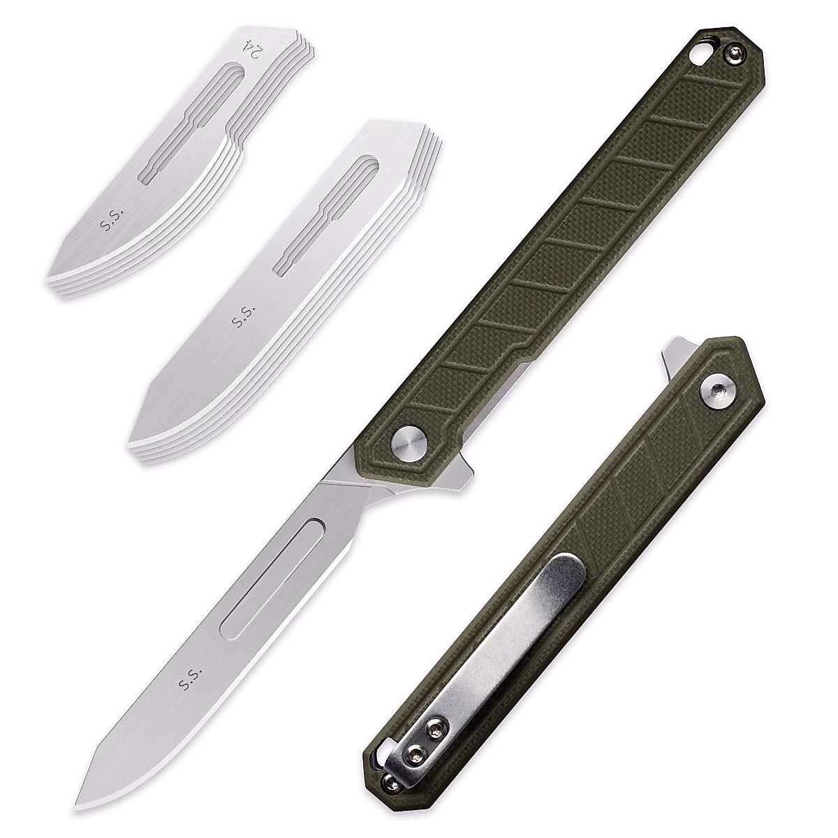 OLITANS G046 Mecha Mini Slim Folding Scalpel with 5pcs #24 and 5pcs #60 G14 Handle with Liner Lock, Utility EDC Pocket Knife with Back Clip（Green）