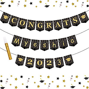 Graduation Banner 2023 Personalized Black and Gold - Congrats Grad Bunting Banner 2023 with Gold Pens for Car Home Senior College Graduation Party Decorations