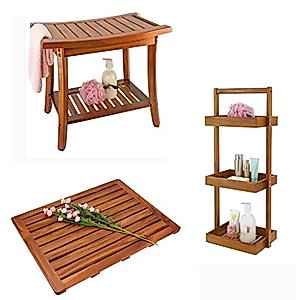 Utoplike Teak Shower Bench Seat with Handles, 3 Tier Shower Caddy Corner Standing Shower Organizer, 24" x 18" Teak Bath Mat