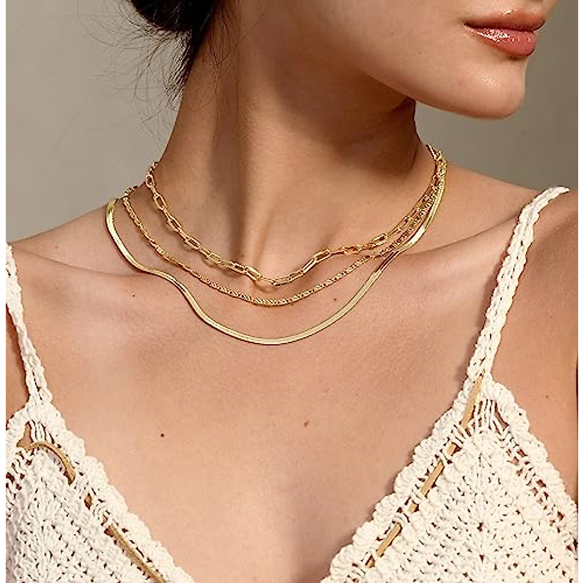 Tewiky Layered Gold Necklace for Women Trendy 14K Real Gold Plated Chain Choker Necklace Set for Women Gold Jewelry for Women Waterproof Chunky Herringbone Cuban Link Paperclip Rope Necklace Gift