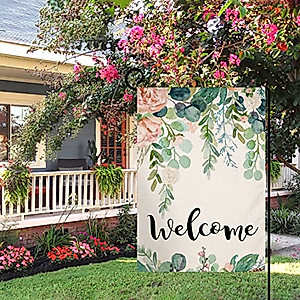 Spring Floral Welcome Garden Flag 12×18 Inch Small Vertical Double Sided Farmhouse Greenery Eucalyptus Leaves Burlap Yard Outdoor Decor
