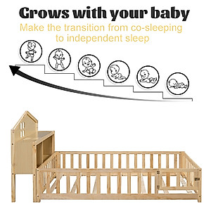 Mirightone Full House Bed with Storage Headboards and Blackboards,Versatile Full Size Platform Beds with Guard Rails,Solid Wood Floor Bed Frame for Kids,Natural