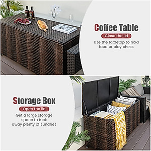 Tangkula 96 Gallon Deck Box, PE Wicker Outdoor Storage Box with 4 Wheels and Waterproof Liner, Outdoor Rectangular Storage Container for Cushions, Garden Tools, Pool Accessories (Mix Brown)