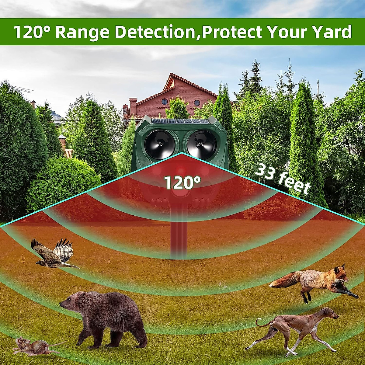 Jahy2Tech Solar Ultrasonic Animal Repellent Outdoor Cat Deterrent Deer Repellent with PIR Motion Sensor & Led Strobe Light Waterproof Solar Animal Repeller,Squirrel Repellent Raccoon Rabbit Repellent