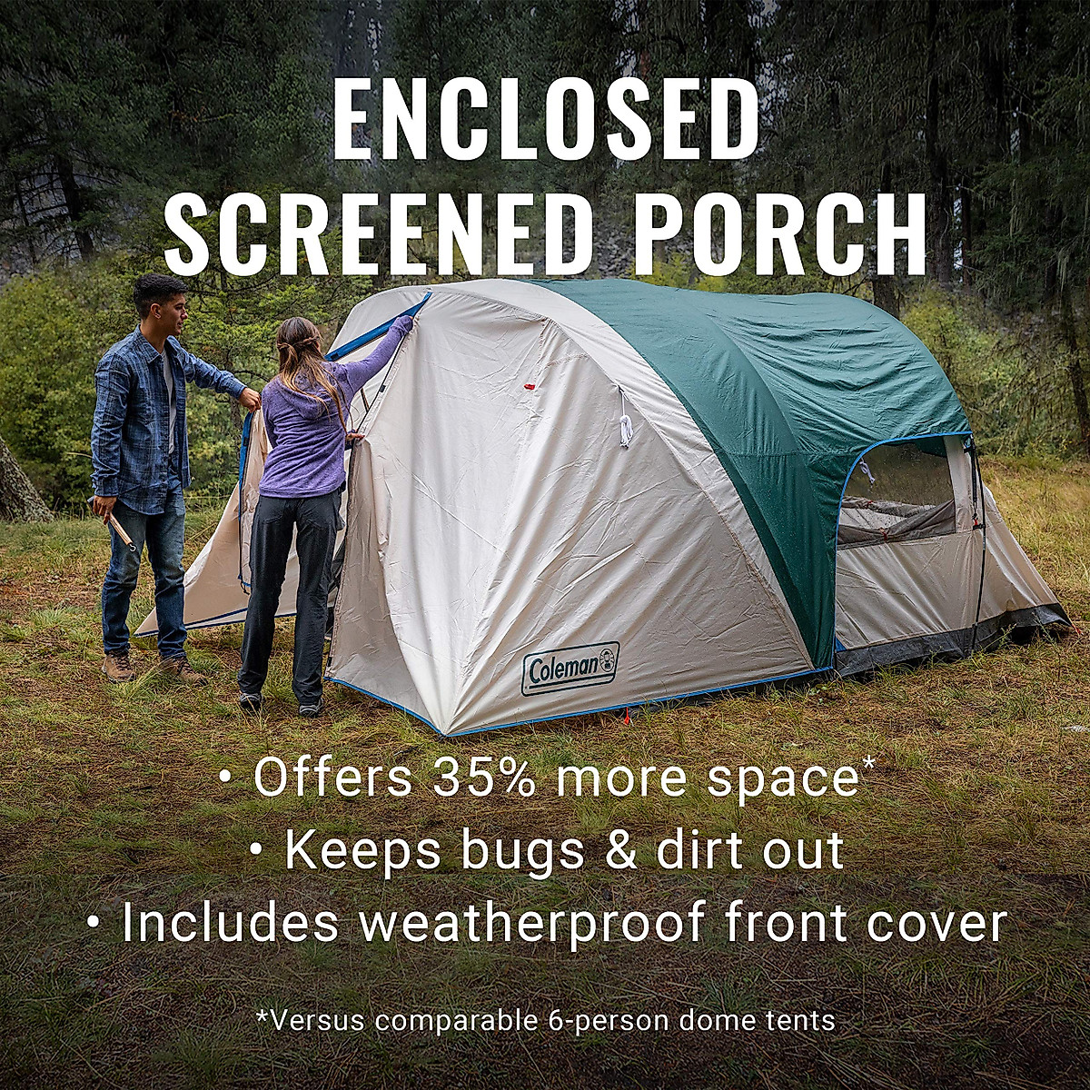 Coleman Cabin Camping Tent with Screened Porch, 4/6 Person Weatherproof Tent with Enclosed Screened Porch Option, Includes Rainfly, Carry Bag, Extra Storage, and 10 Minute Setup
