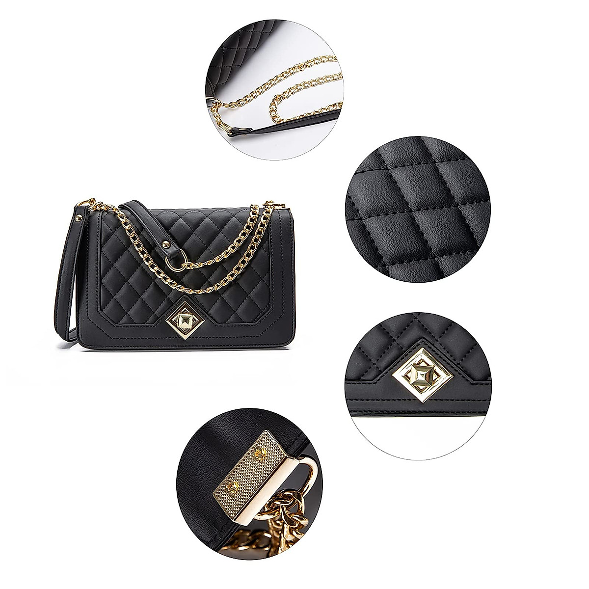 Women Black Quilted Purse Lattice Stylish Clutch Small Crossbody Shoulder Bag with Chain Strap