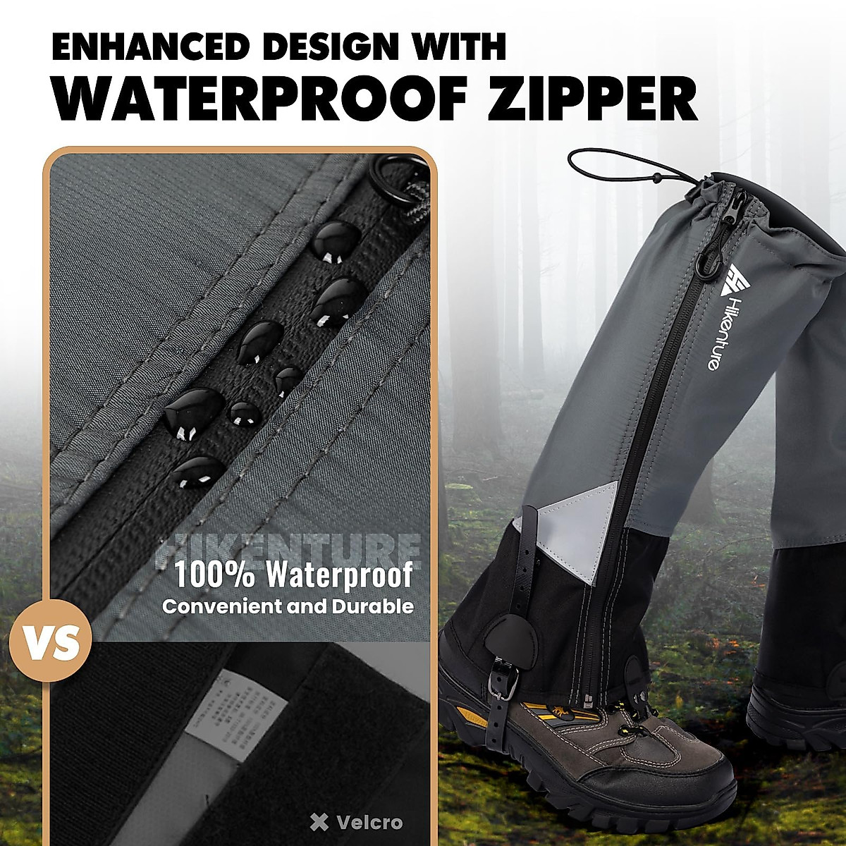 Hikenture Leg Gaiters with Waterproof Zipper, Ultra Anti-Tear Gaiters for Hiking, Waterproof Boot Gaiters for Men Women, Adjustable Shoe Gaiters for Hunting, Breathable Snow Gaiters for Boots (Medium)