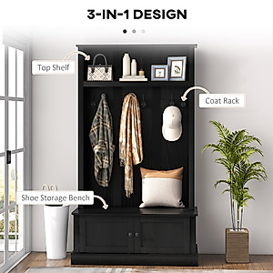 HOMCOM Entryway Bench with Storage and Hooks, Hall Tree with Coat Rack, Bench and Shoe Storage, Cabinet and Shelf, Mudroom Bench for Hallway, Black