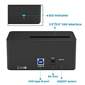 SAS to USB 3.0 Adapter, SAS/SATA Hard Drive Reader Enclosure Docking Station for 2.5/3.5 inch HDD SSD with 12V/2A Power Adapter
