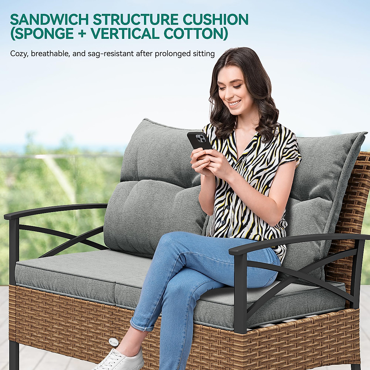 YITAHOME 4-Piece Patio Furniture Wicker Outdoor Bistro Set, All-Weather Rattan Conversation Loveseat Chairs for Backyard, Balcony and Deck with Soft Cushions and Metal Table (Light Brown+Gray)