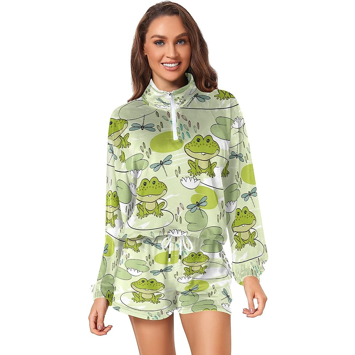 Kigai Cartoon Frogs Dragonflies Jogging Suits for Women Lounge Cozy Long Sleeve Half Zip Lapel Collar Sweatsuit Set,L