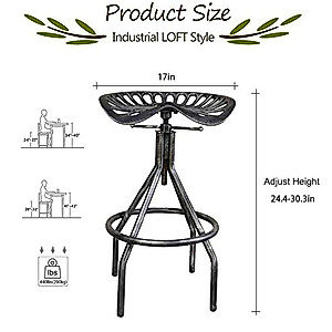 Lisuden Industrial Tractor Seat Barstools Farmhouse Cast Iron Adjustable Counter Height Stools Swivel Kitchen Saddle Bar Stools Set of 2 Metal Black Brush Silver Dining Chair 24"-30"