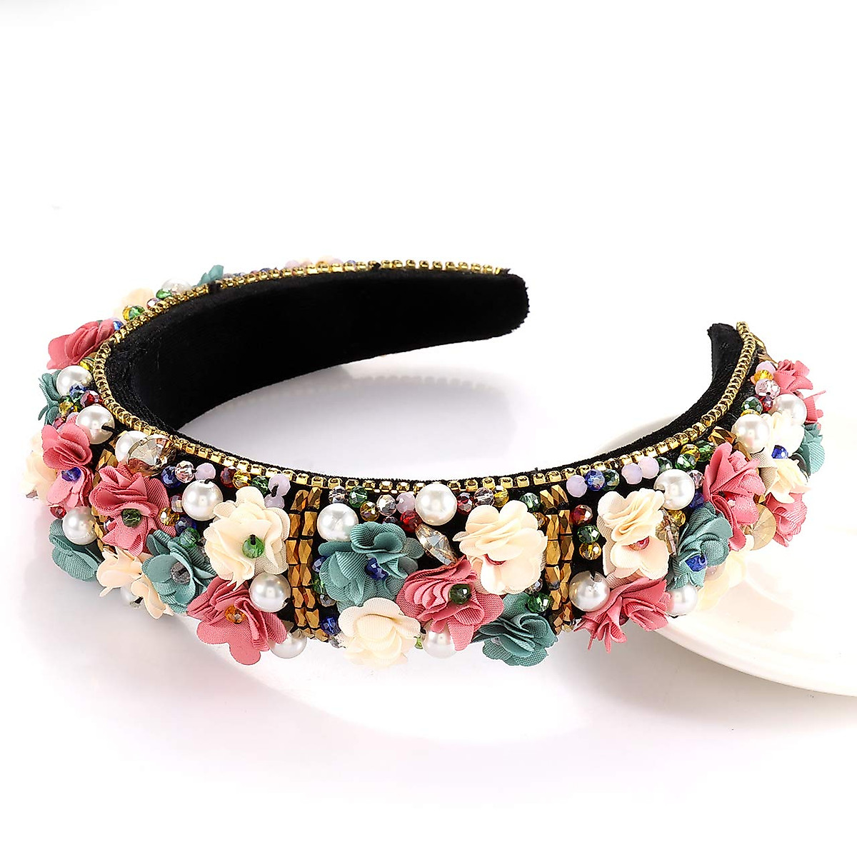 CENAPOG Baroque Crystal Rhinestone Headbands Flower Padded Hairbands for Women Girls Pearl Colorful Bead Embellished Headbands Bejewelled Wide Velvet Hair Hoop for Wedding Bridal Parties (flower)
