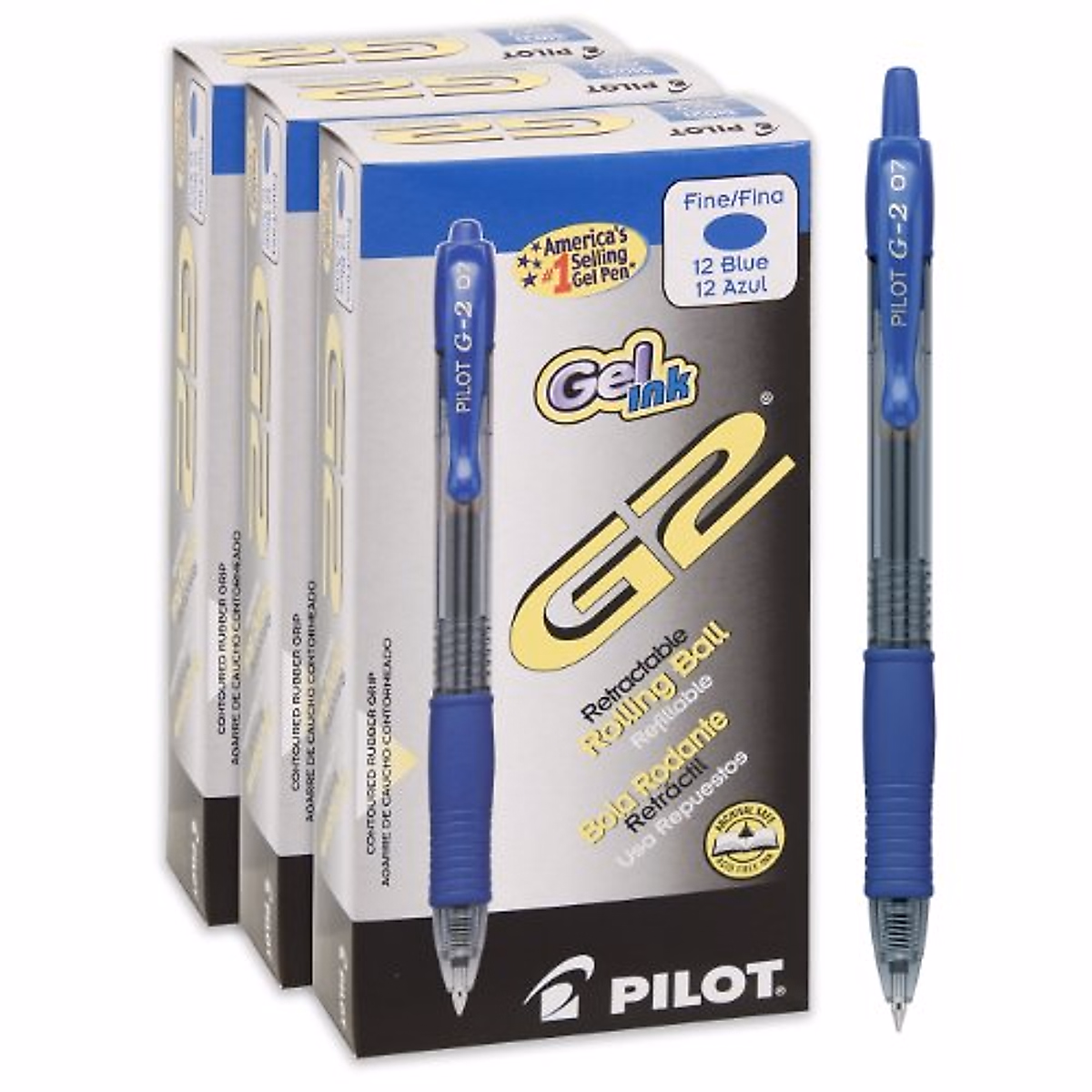 PILOT G2 Premium Refillable & Retractable Rolling Ball Gel Pens, Fine Point, Blue Ink, 12-Pack Box (Pack of 3) (46053)